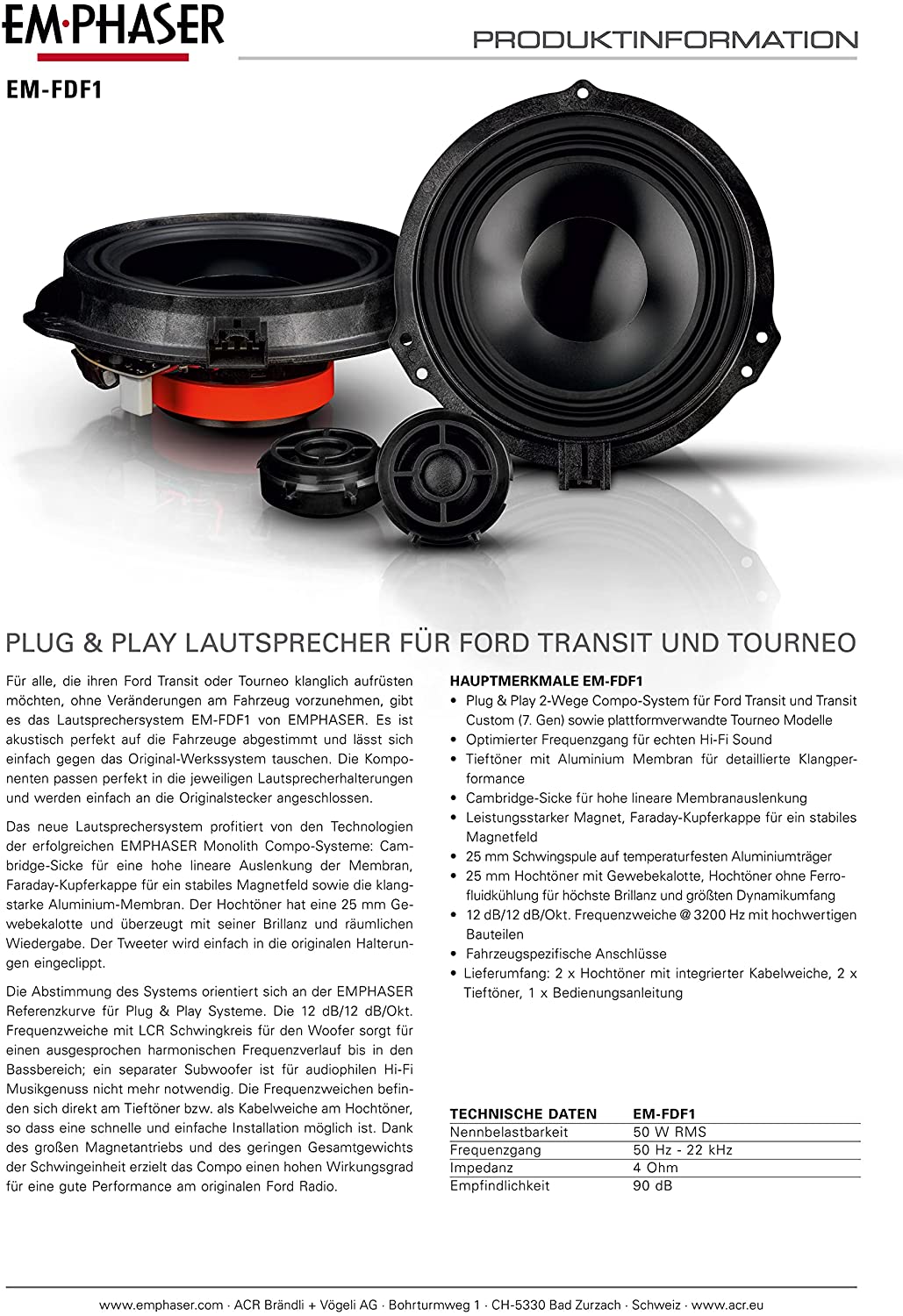 EMPHASER EM-FDF1 Plug & Play 2-Wege Kompo Lautsprecher System kompatibel mit Ford Transit und ...
